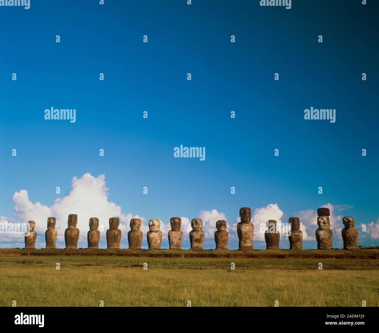 Easter Island statues. Row of megalithic moai statues on Easter Island ...