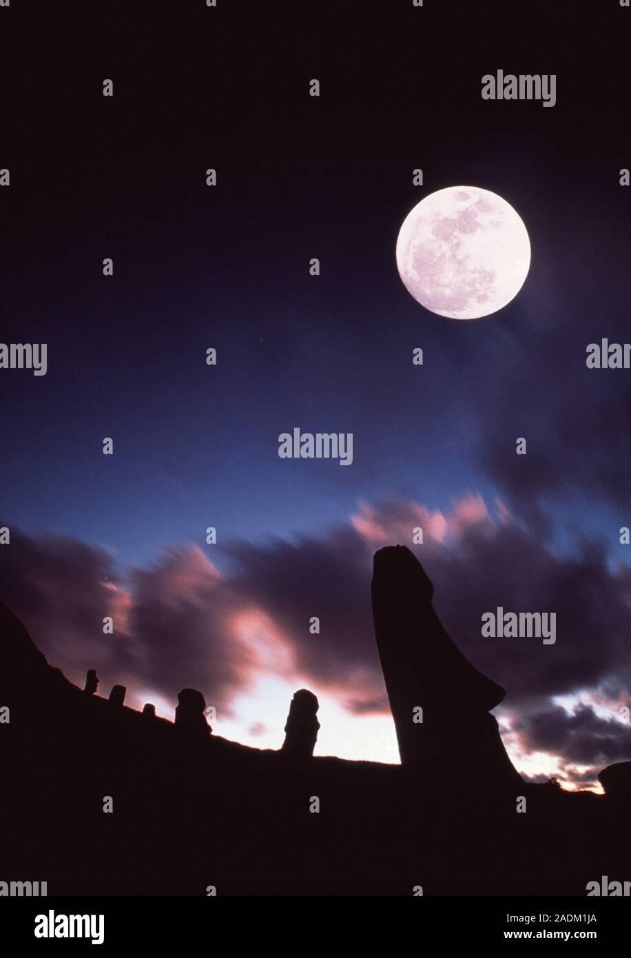 Easter Island statues. Full Moon over moai statues on Easter Island ...