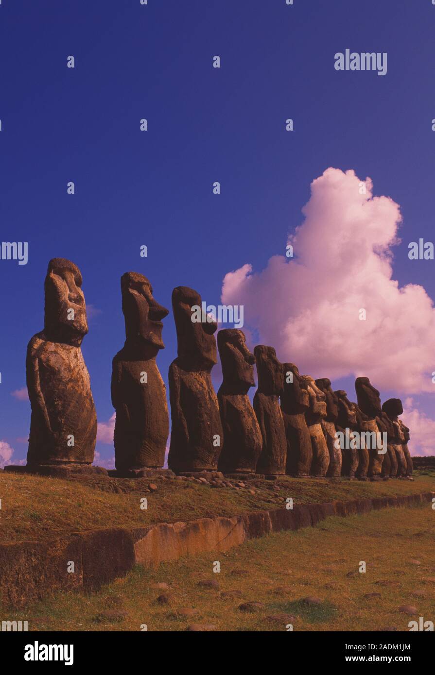 Easter Island statues. Row of megalithic moai statues on Easter Island ...