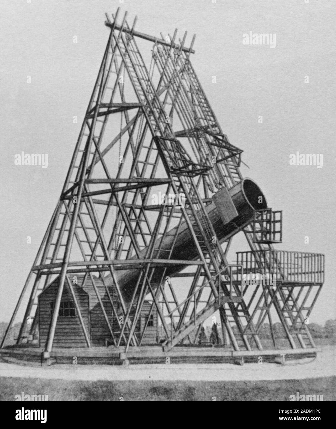 Herschel's 40-foot telescope. Illustration depicting the large ...