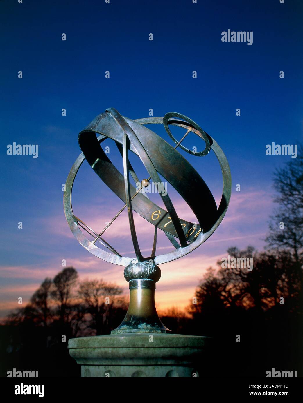 Sundial. View of an armillary type of equinoctial sundial. The ...