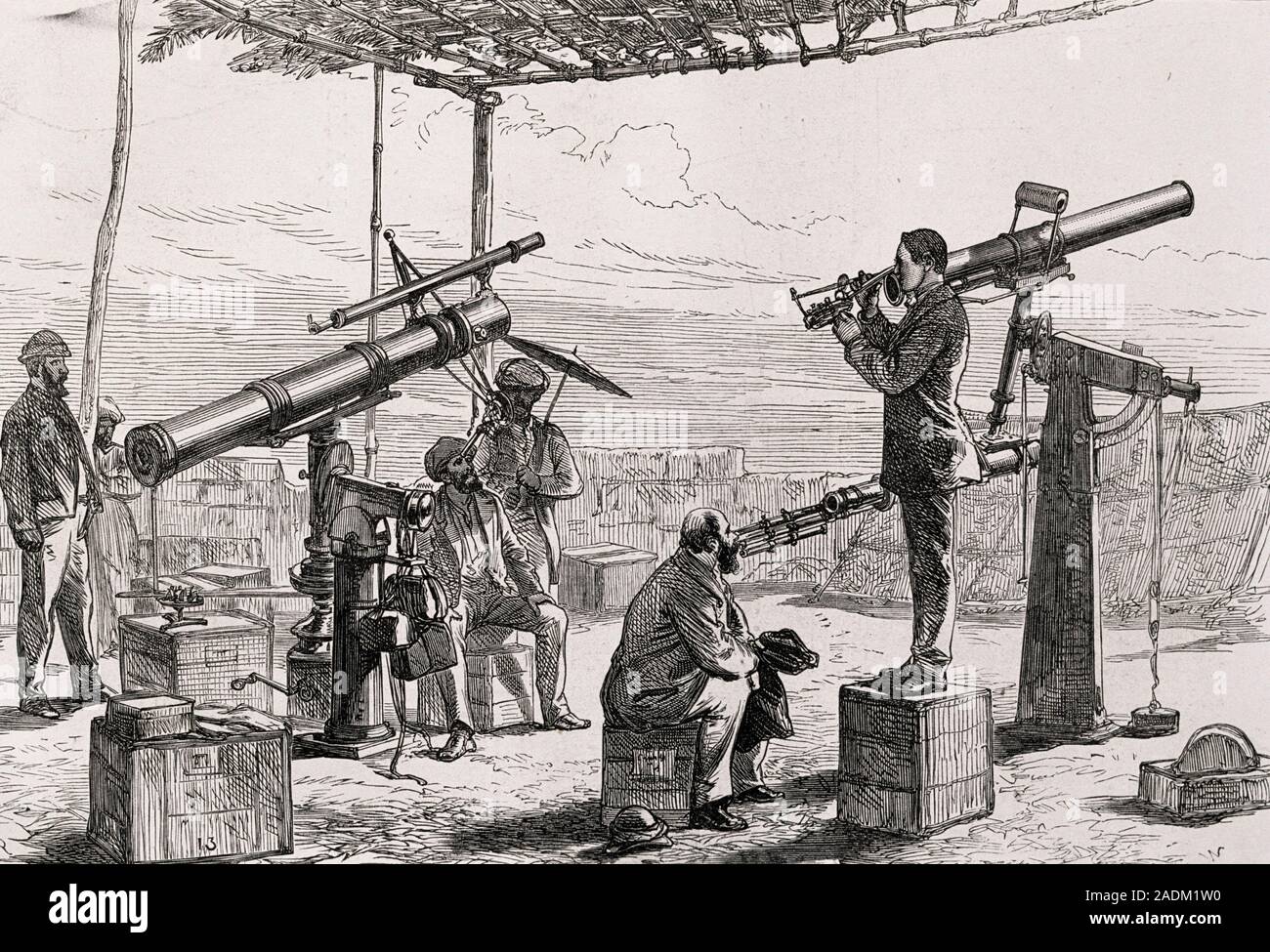 Solar eclipse observations. Historical artwork of astronomers preparing ...