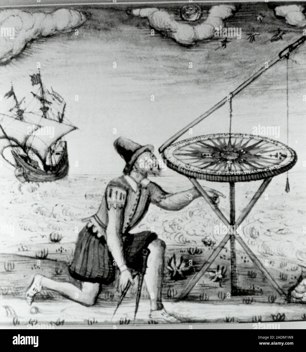 17th century navigation. Historical artwork of a navigator using a ...
