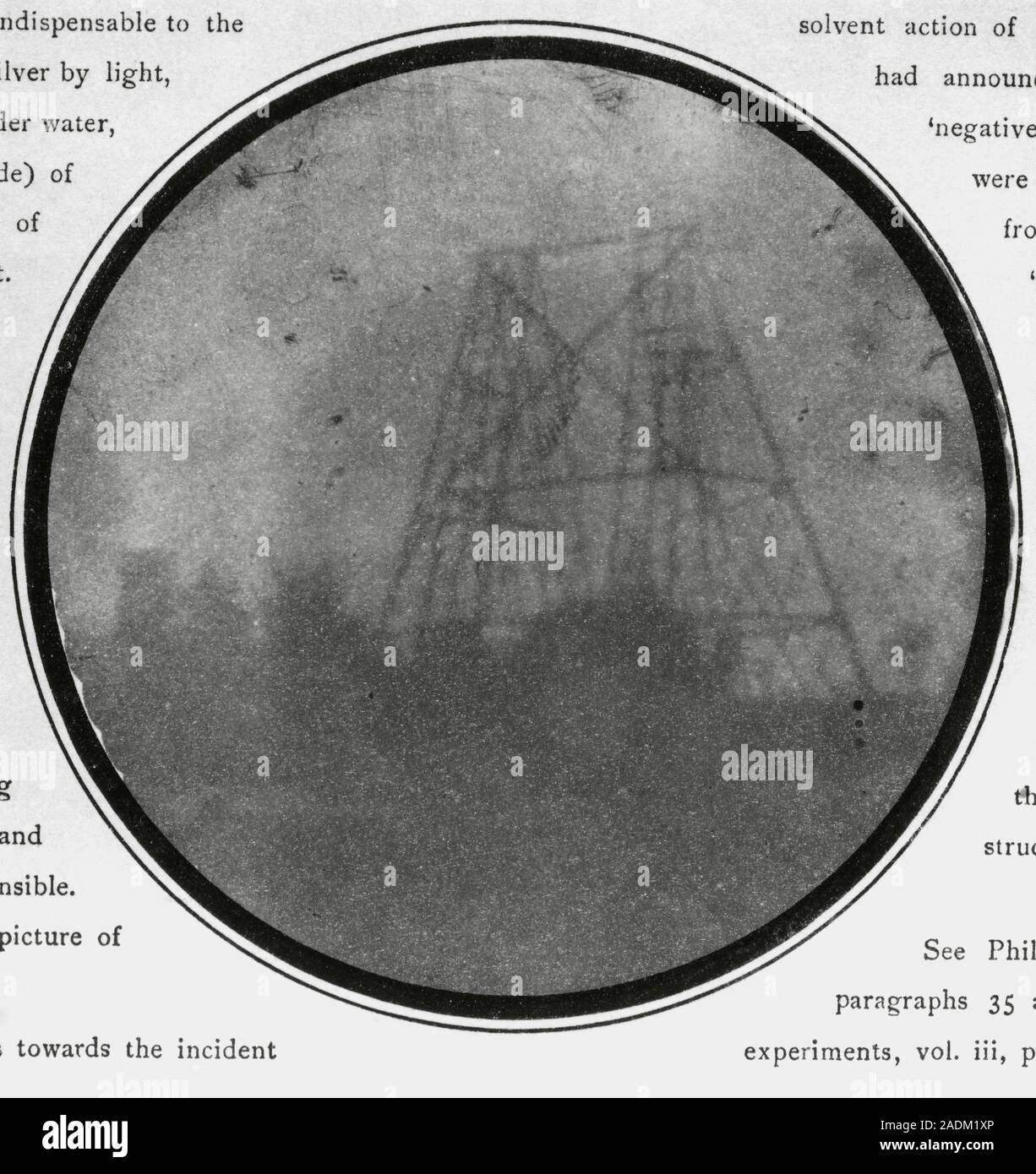Herschel's 40-foot telescope, circular glass plate photograph. The telescope's wooden ...