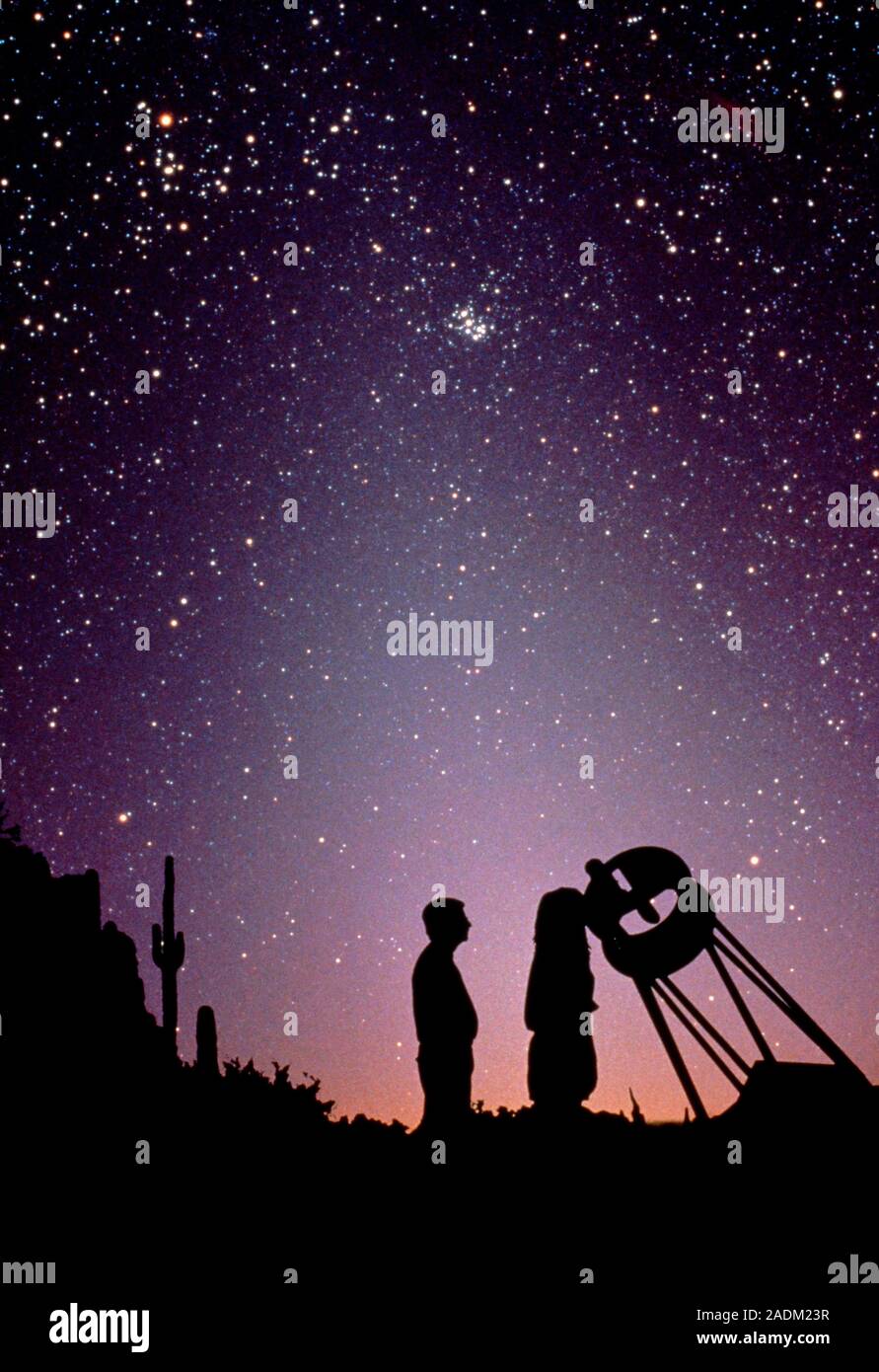 Amateur astronomers. Constellations of Taurus (the Bull) and Pleiades ...