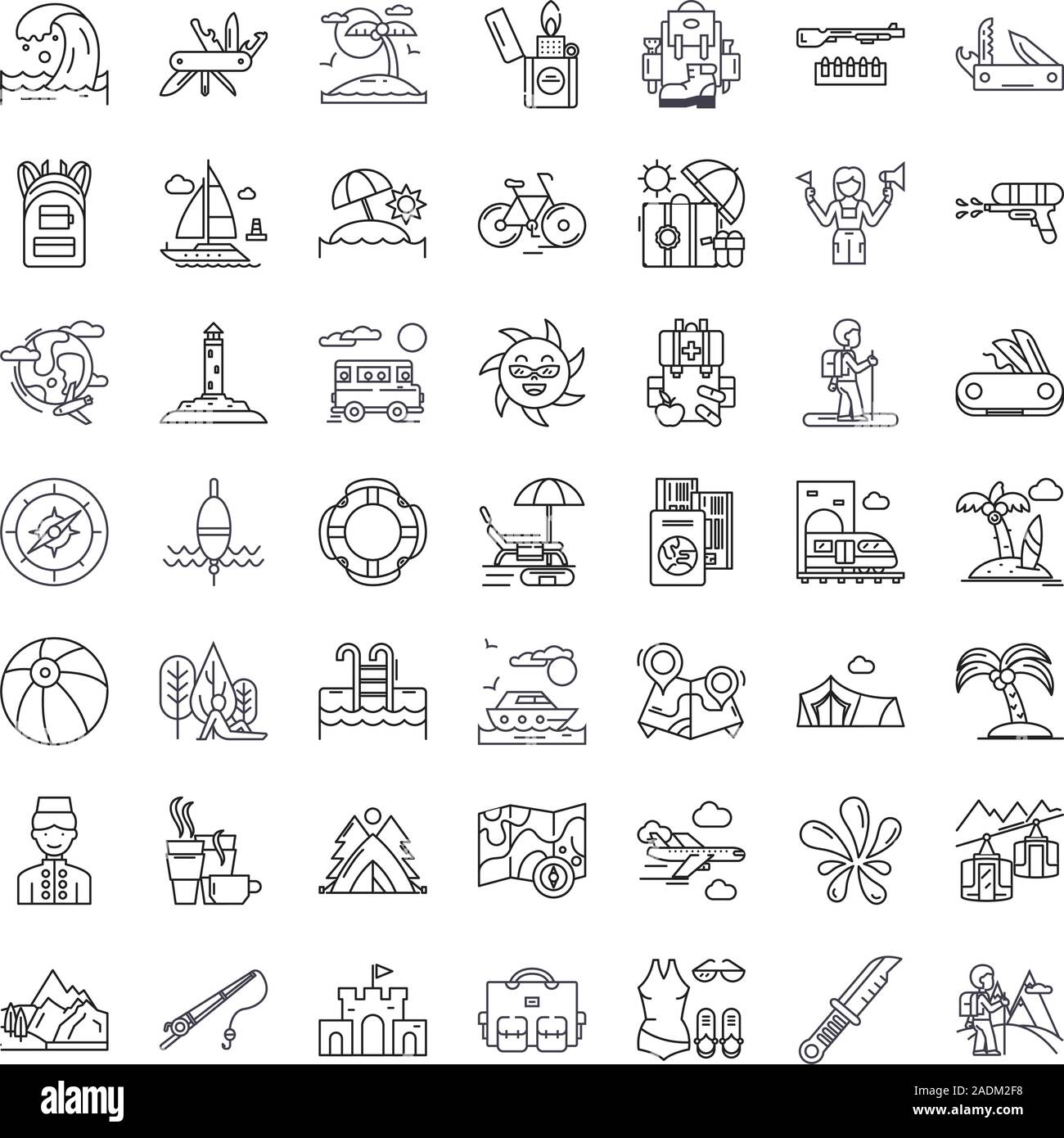 Travel time linear icons, signs, symbols vector line illustration set ...