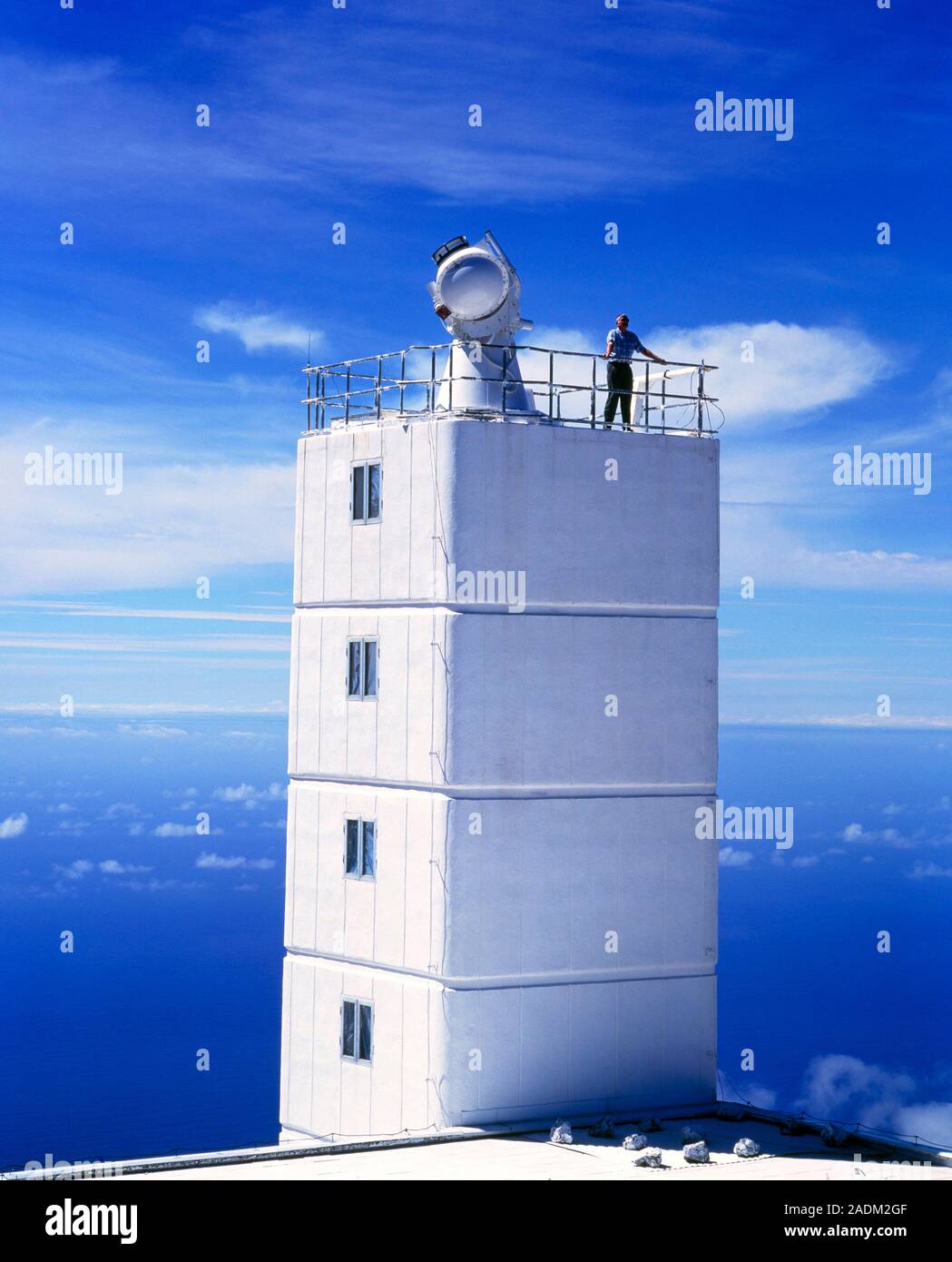 Swedish Solar Telescope. Astronomer stands by the turret of the Swedish ...