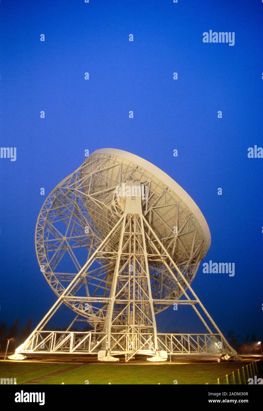 Evening view of the floodlit 250 foot (76 metre) diameter Mark 1A radio ...