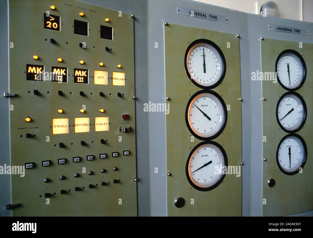 Display panels & dials in the control room of the radio observatory at ...