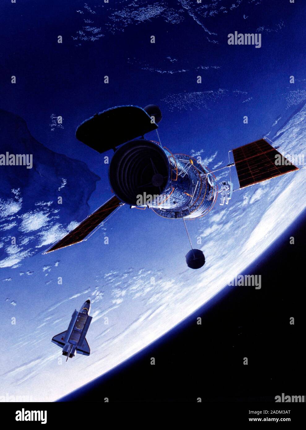 Hubble Space Telescope (HST). Artwork of the HST (centre) in Earth ...