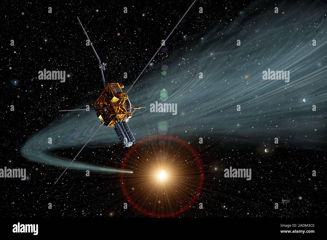 Ulysses and Hyakutake. Artwork of the unmanned solar spacecraft Ulysses ...