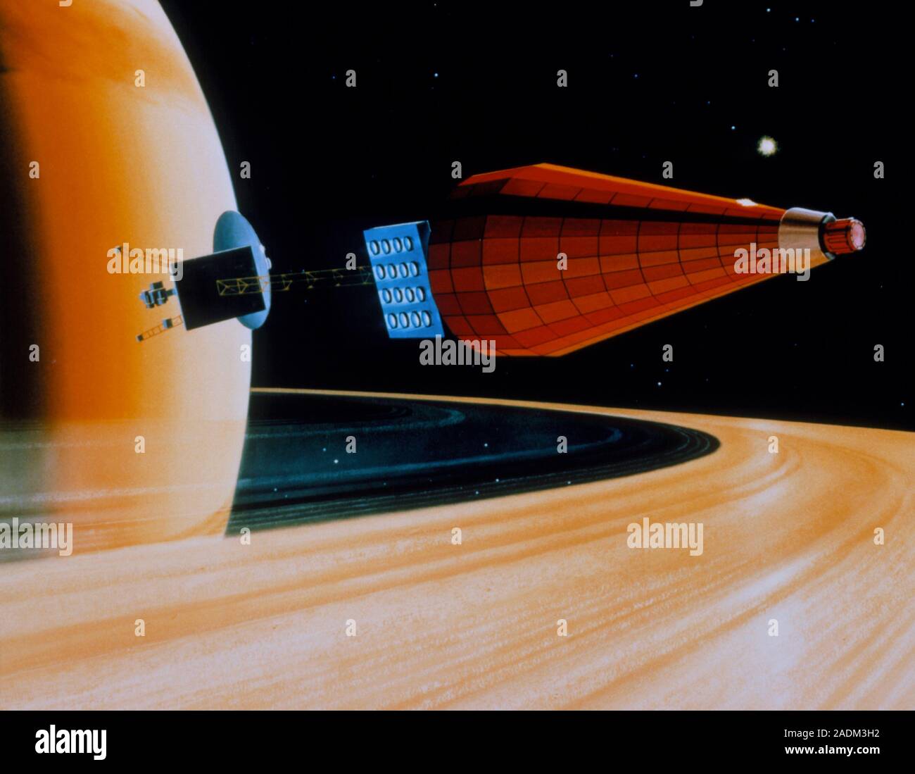 Artist's impression of a probe exploring the rings of Saturn. The probe ...