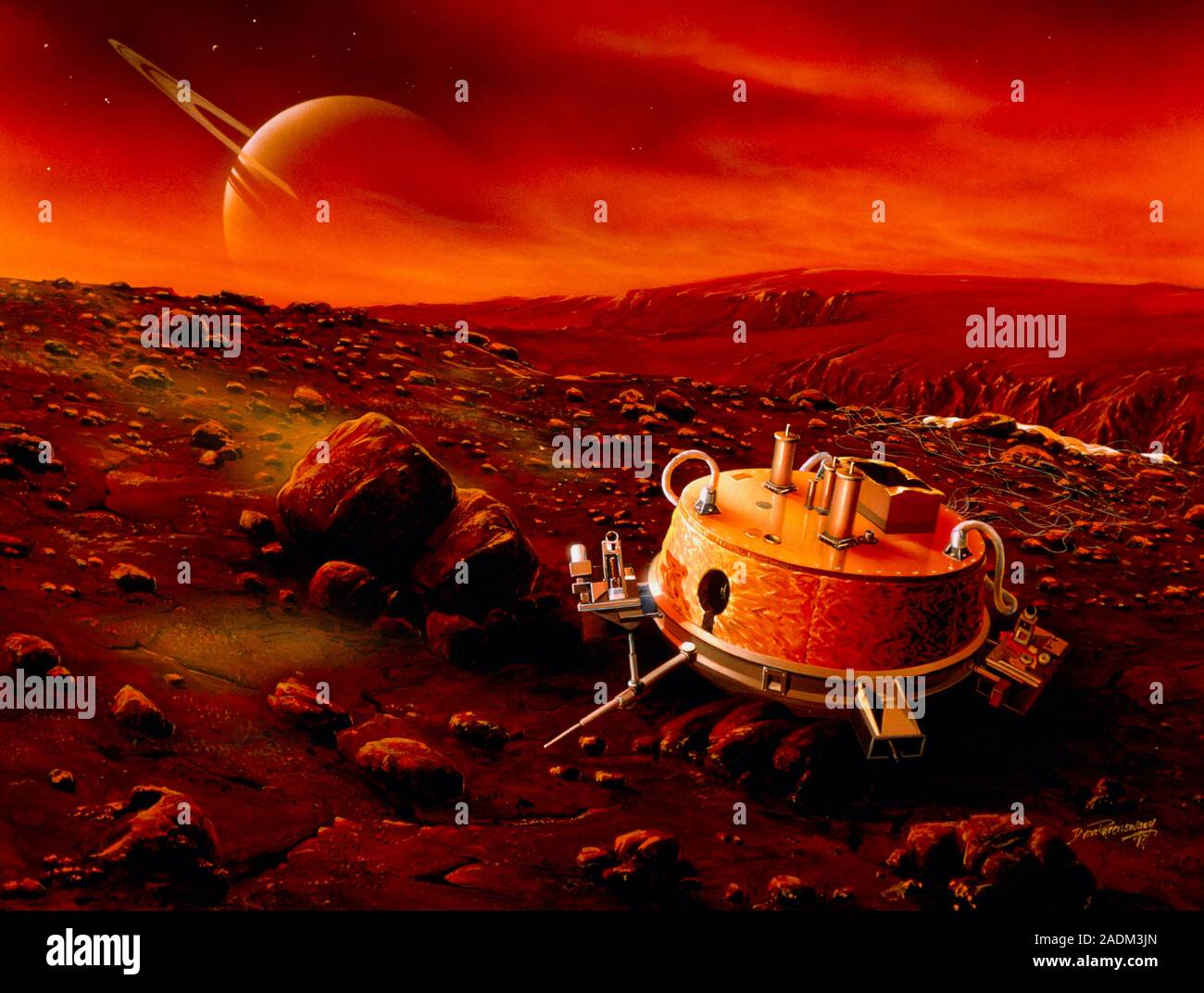 Huygens probe at Titan. Artwork of the Huygens probe on the surface of ...