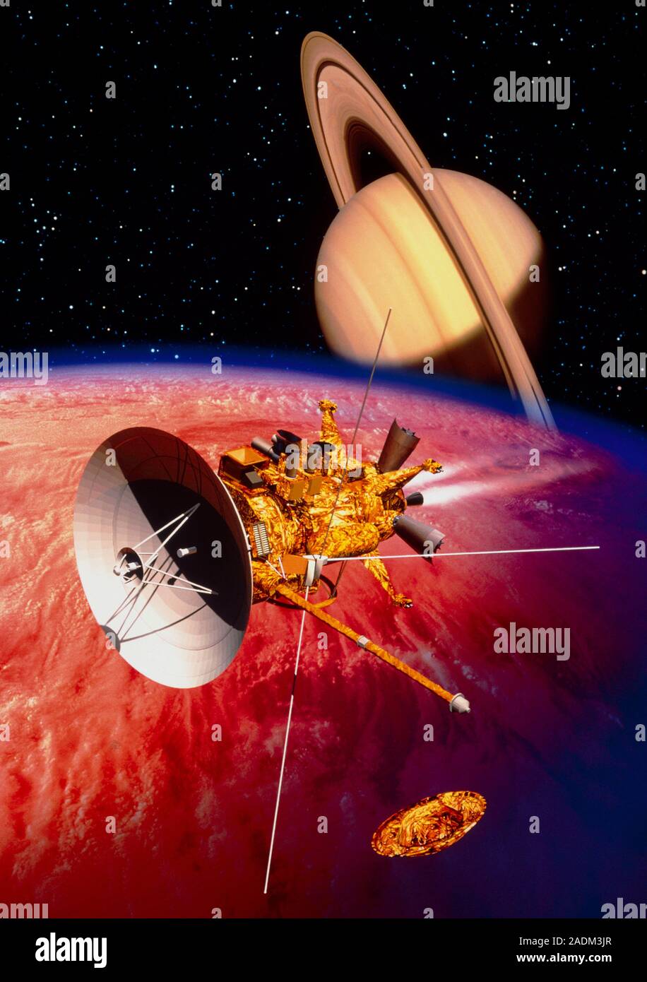Cassini/Huygens spacecraft. Artwork of the Cassini spacecraft releasing the Huygens probe ...