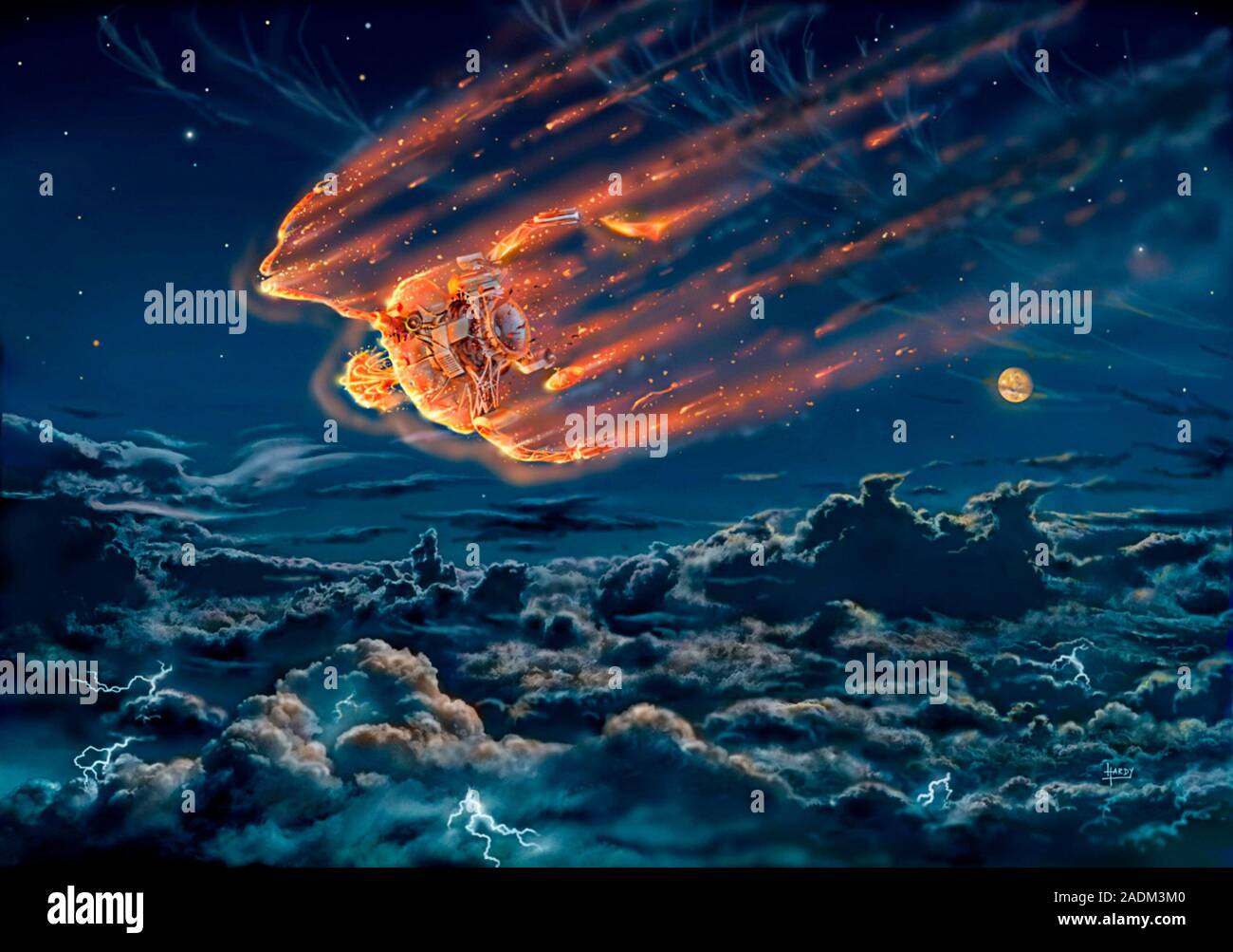 Galileo probe burning up in Jupiter's upper atmosphere, artwork. The ...