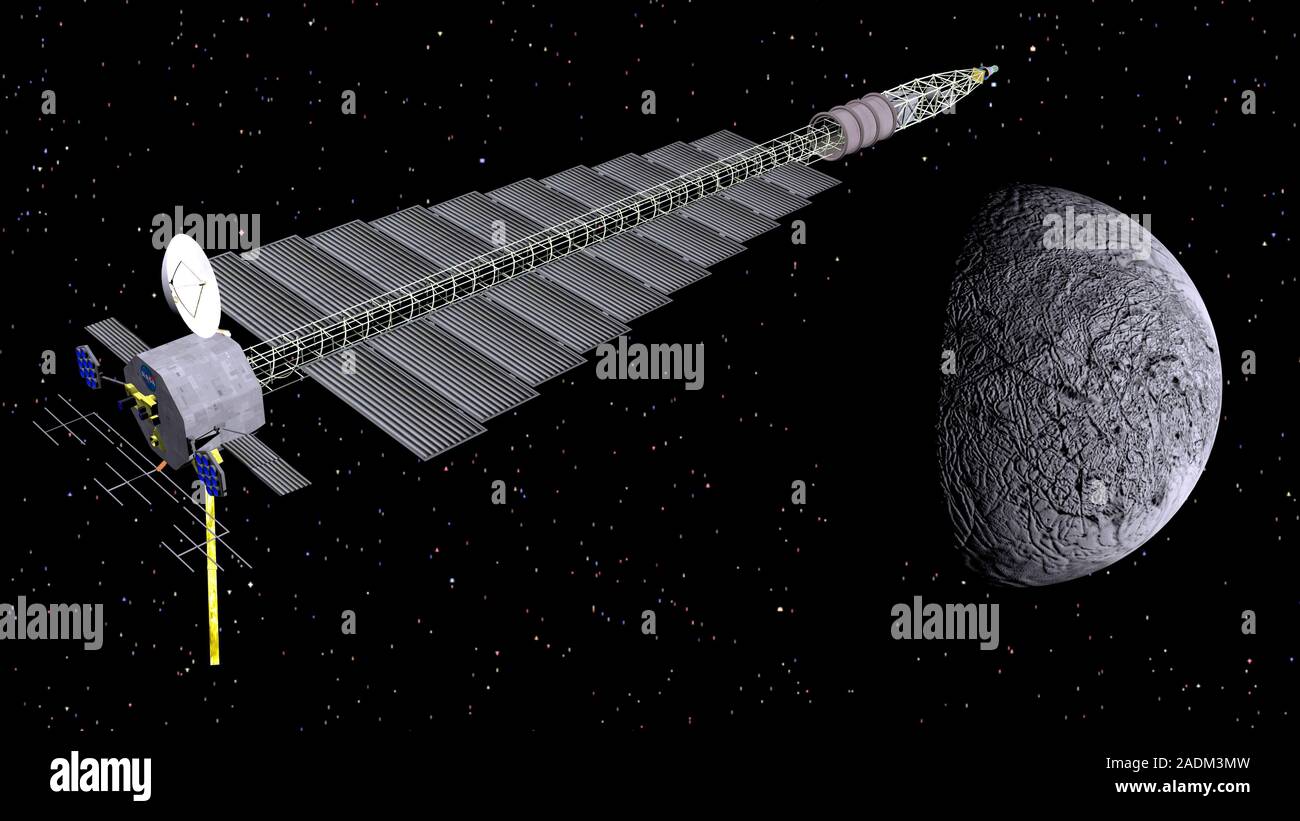 JIMO spacecraft (Jupiter Icy Moons Orbiter) near Europa, a moon of ...
