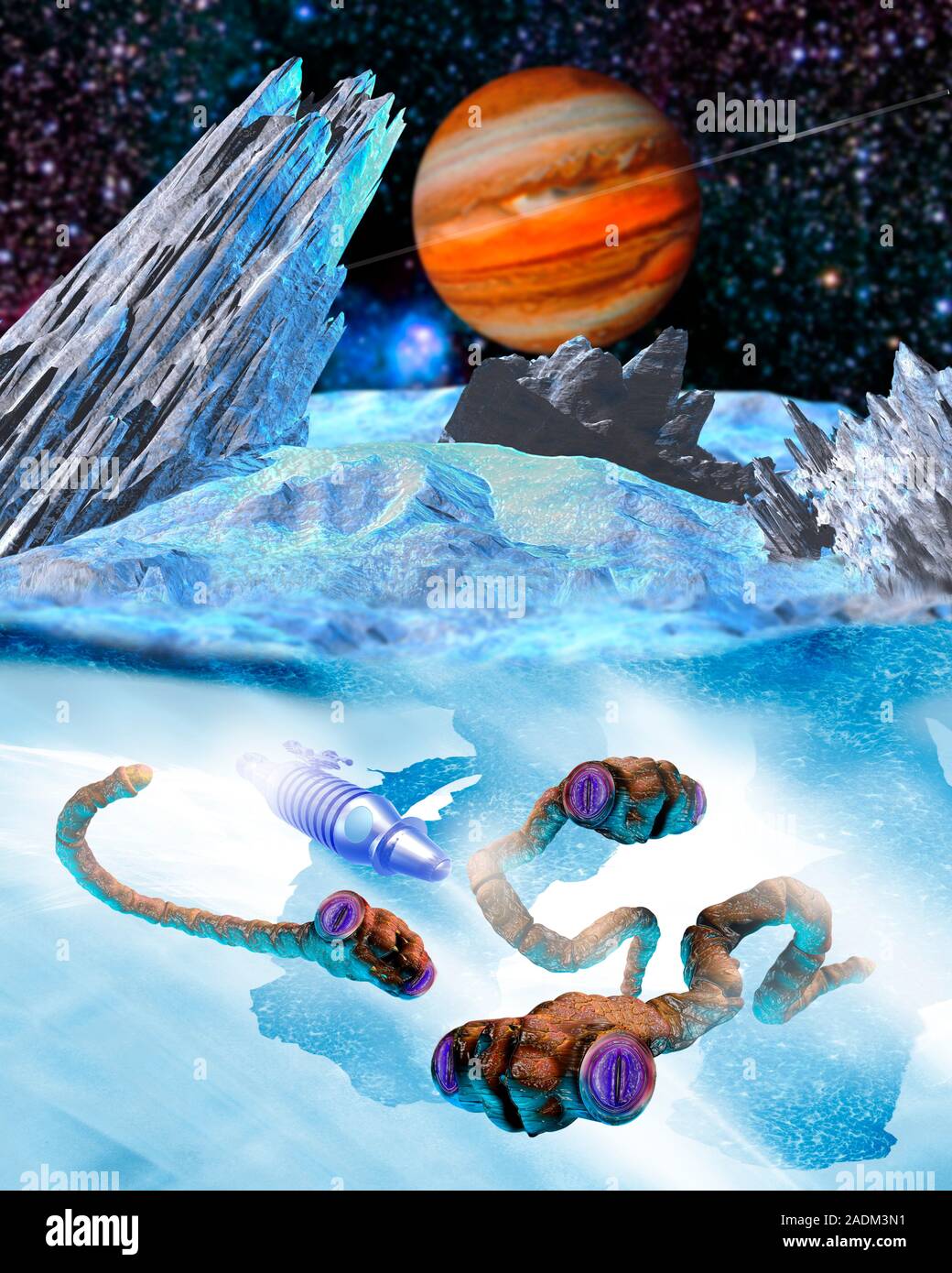 Life on Europa. Computer artwork of a cryobot probe (lower left, silver ...