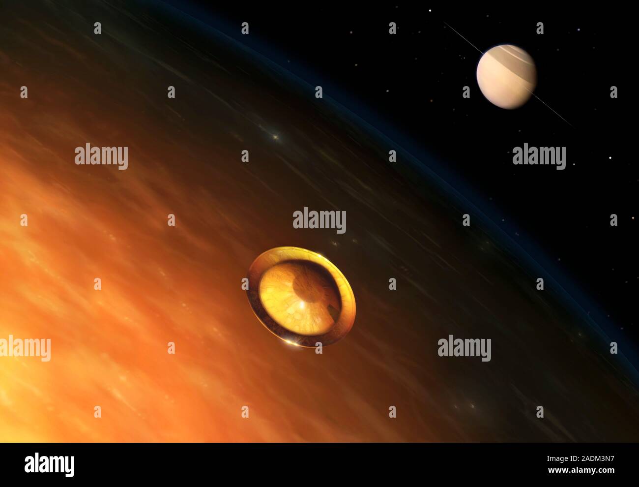Huygens probe. Computer artwork of the Huygens probe (lower centre ...