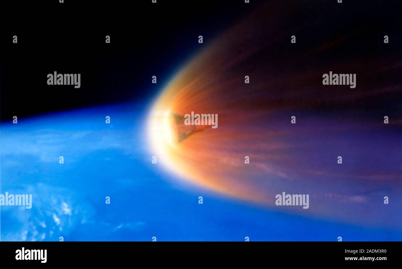 Atmospheric re-entry. Artwork showing a space capsule (centre) re ...
