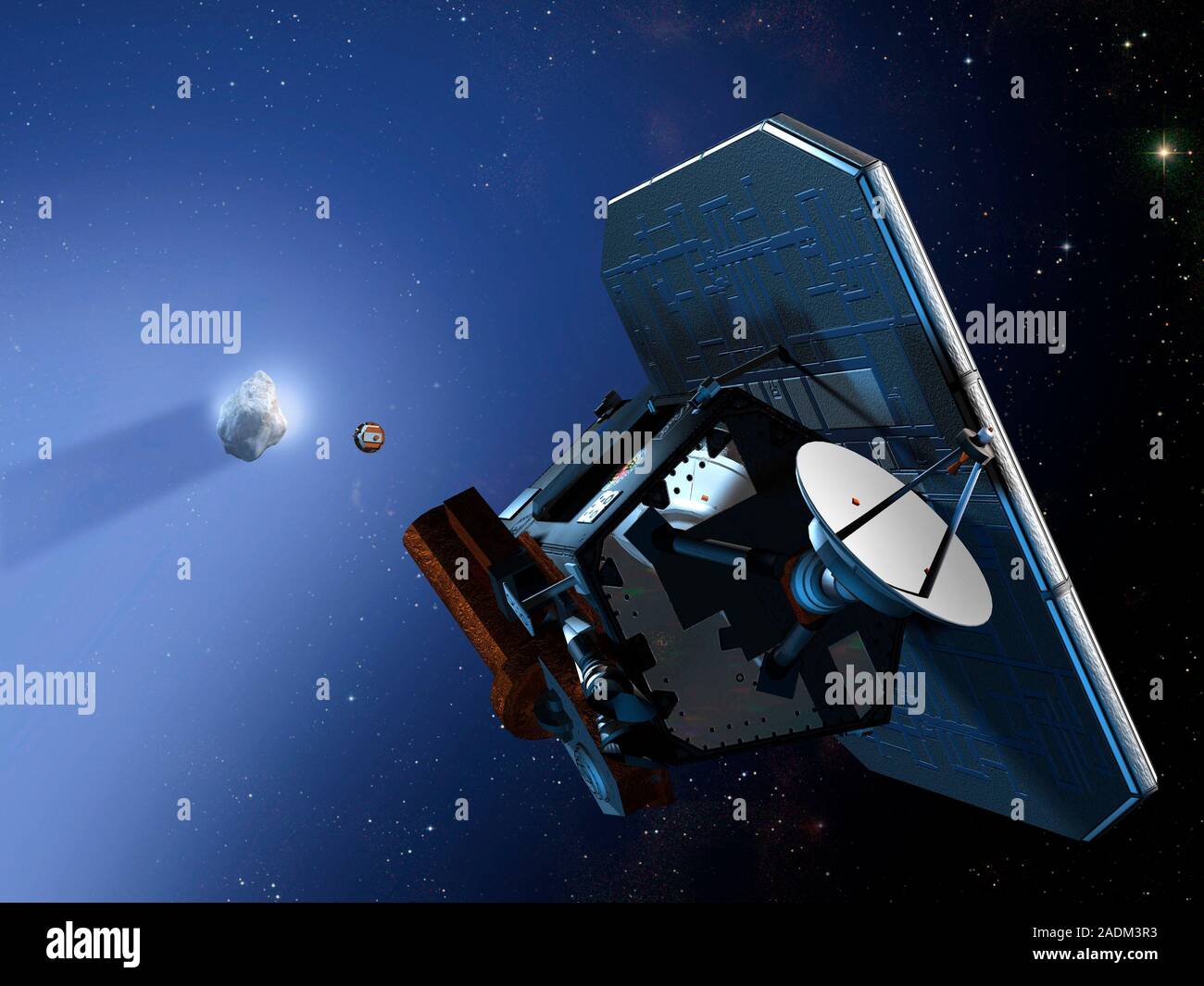 Deep Impact comet strike. Artwork of the Deep Impact space probe (right ...