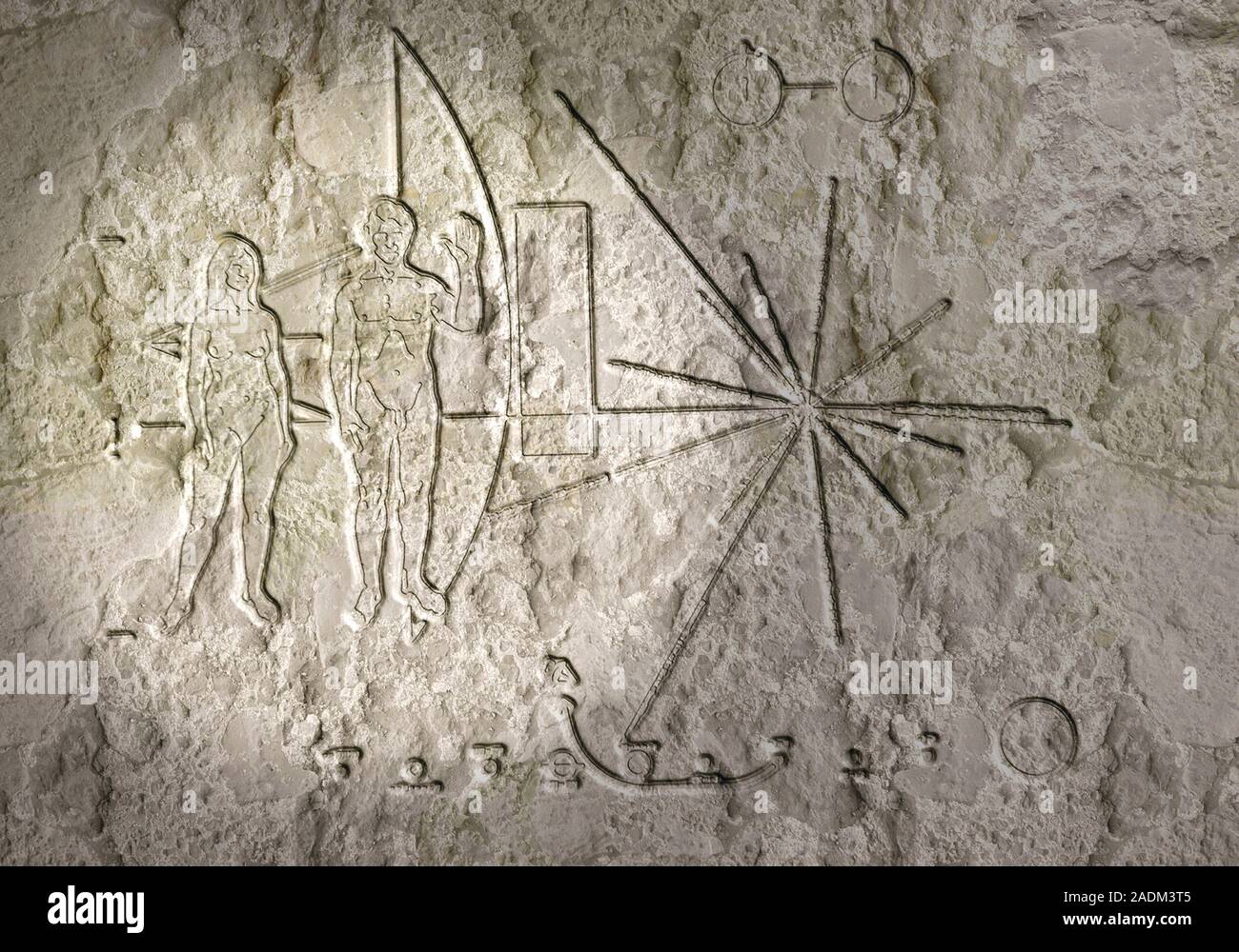 Pioneer plaque, conceptual artwork. Image showing stone carved with ...