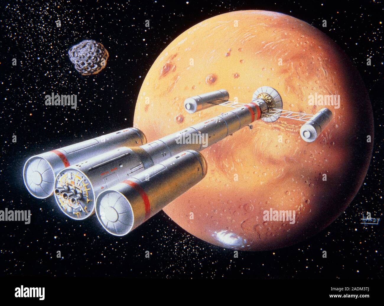 Mars exploration. Artwork representing a spaceship orbiting around the ...