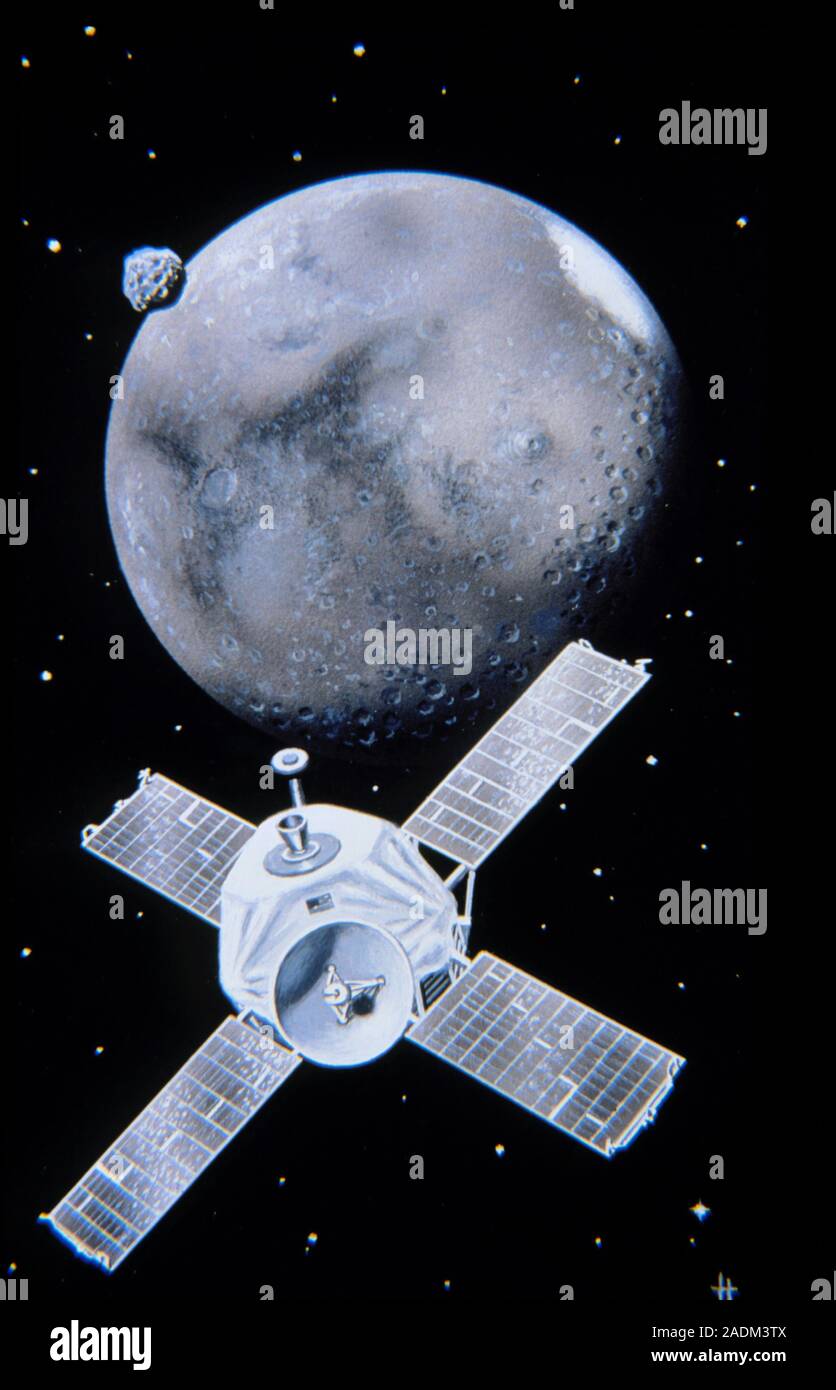 Mars exploration. Artwork showing the space probe Mariner 9 approaching ...