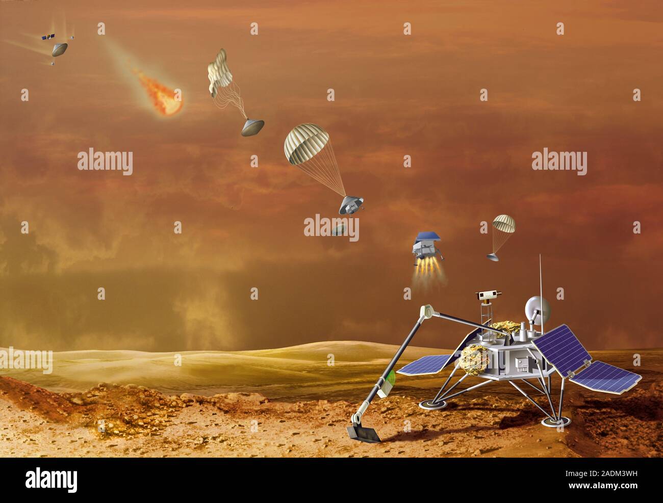 Mars Polar Lander. Computer illustration of the landing of the Mars ...