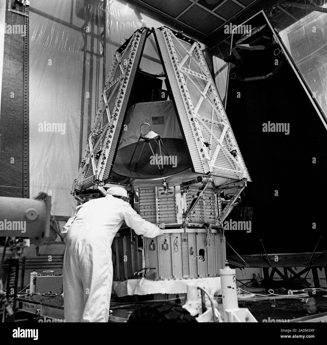 Mariner 9 spacecraft preparation. Scientist working on the Mariner 9 ...