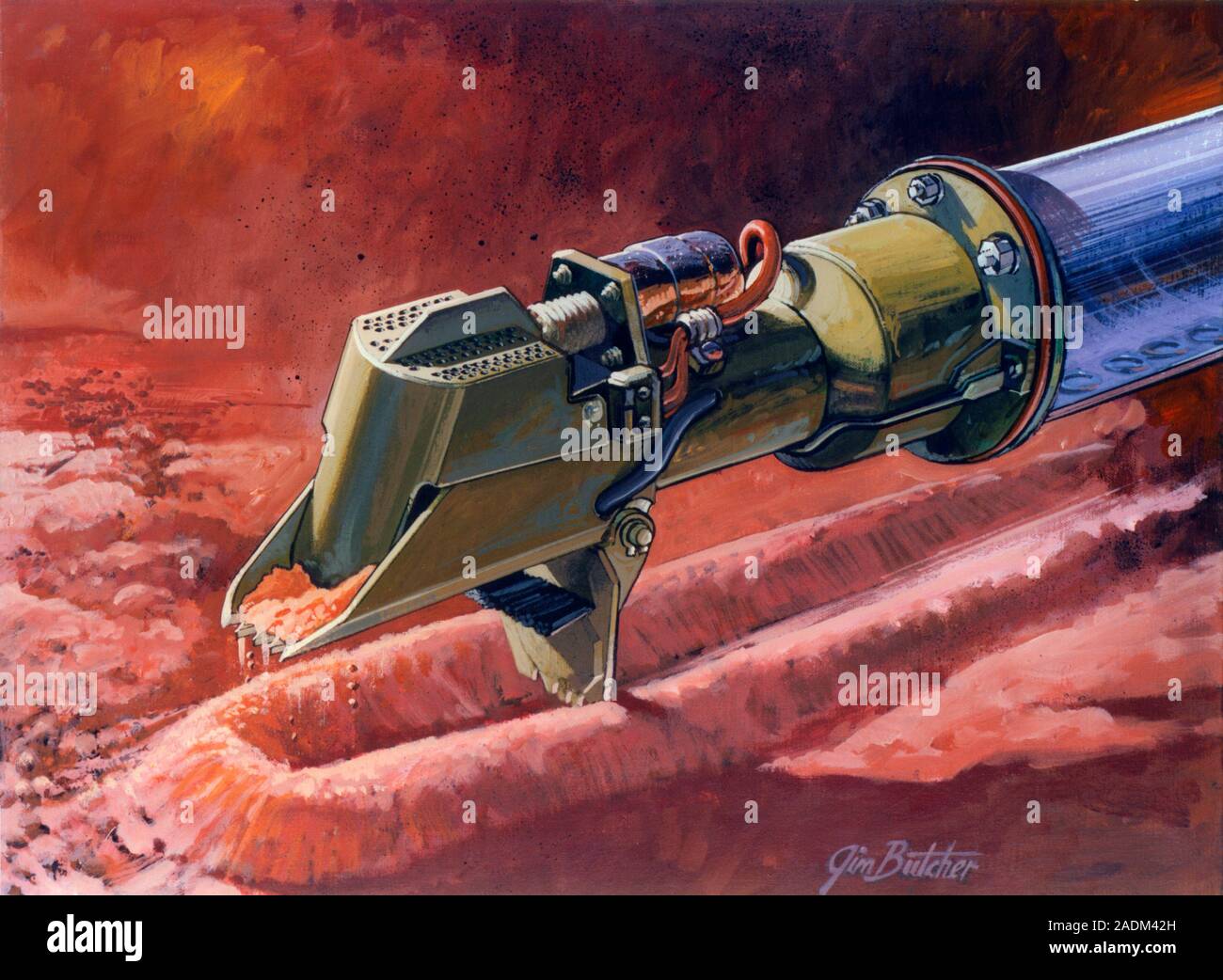 Artist impression of the Viking lander taking a sample of soil from the ...