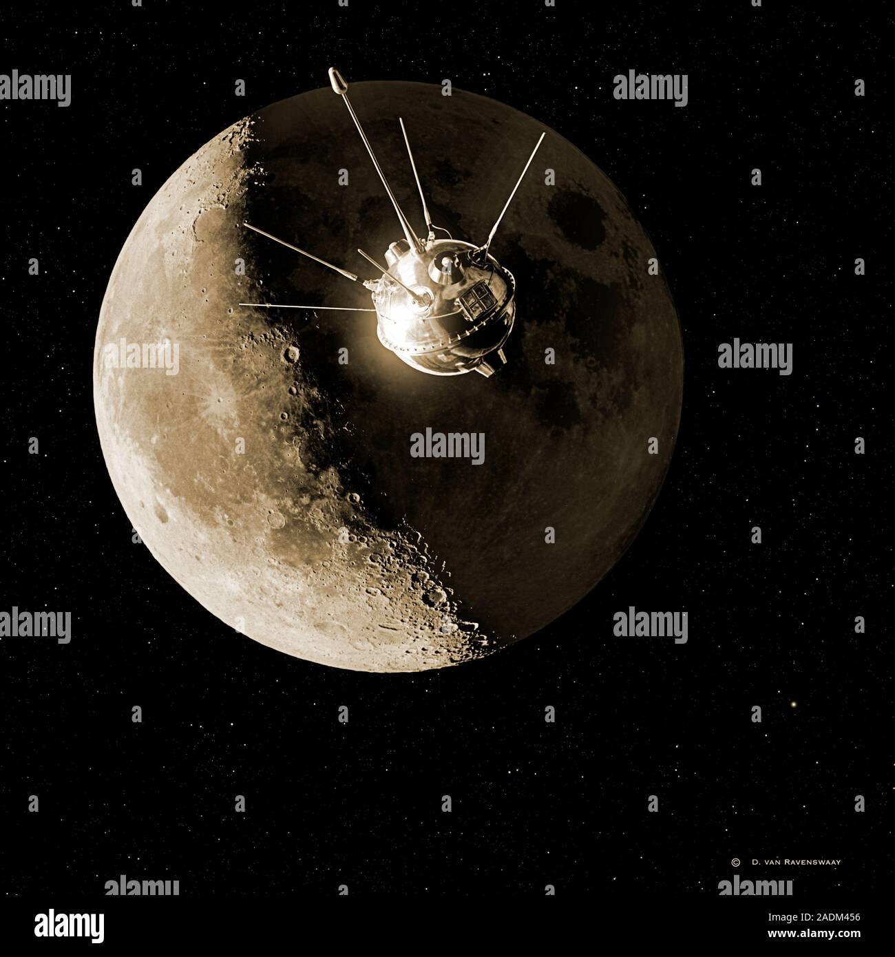 Luna 1 spacecraft at the Moon, 1959, computer artwork. Luna 1, an ...