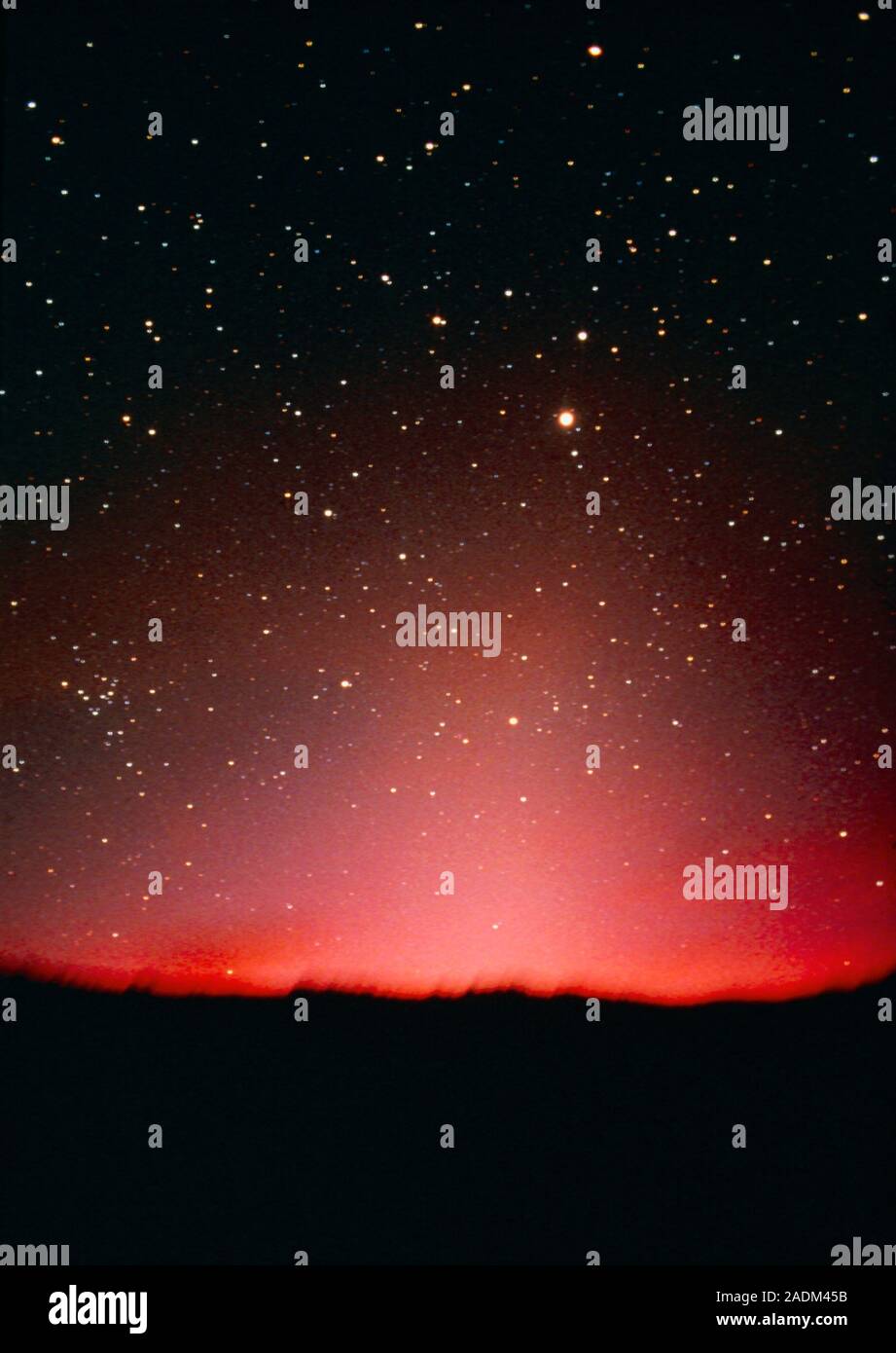 Optical photograph of the zodiacal light, together with Mars (top edge ...