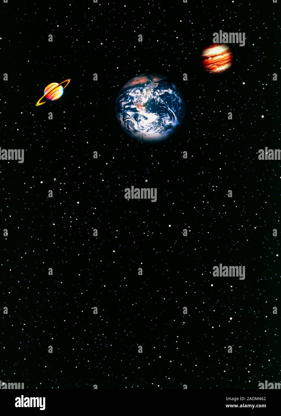Planets. Computer graphic illustration showing three of the planets of the solar system in space ...