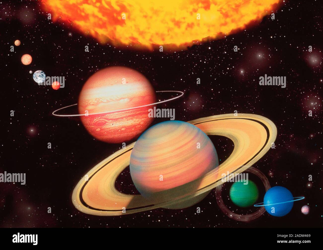 Solar system. Computer graphic of the Sun and planets of the Solar ...