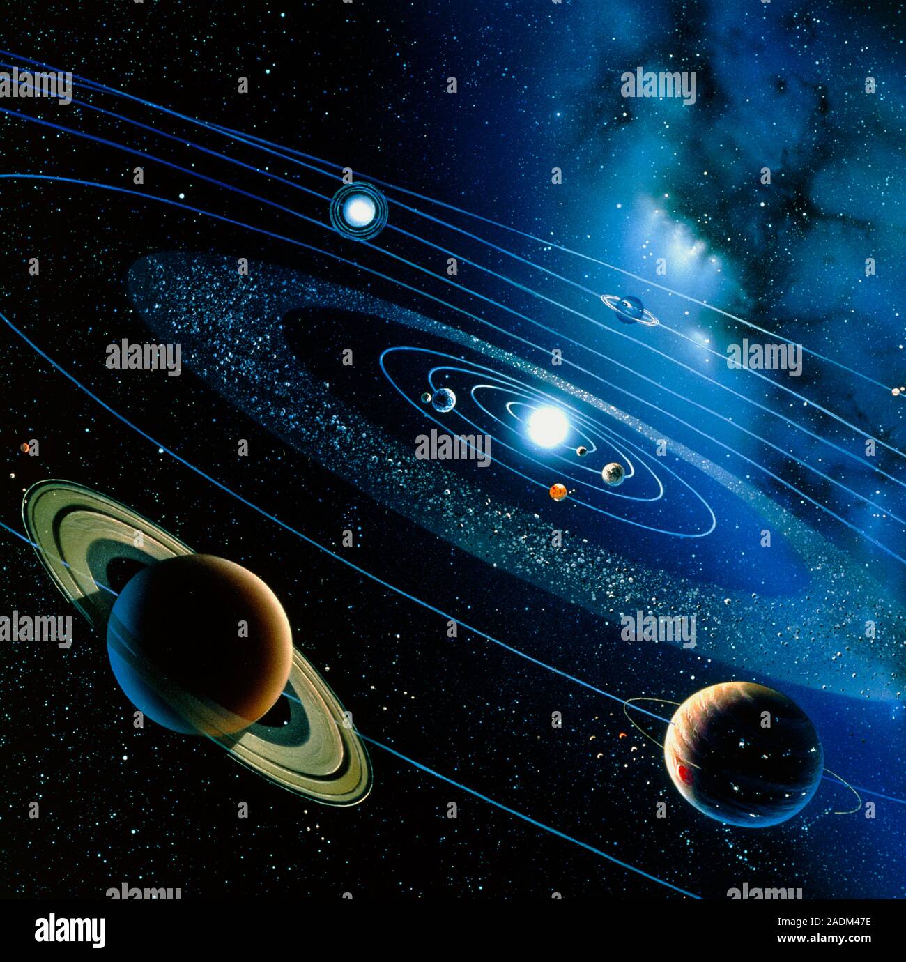 Solar system. Artwork of the solar system, showing the paths (blue ...