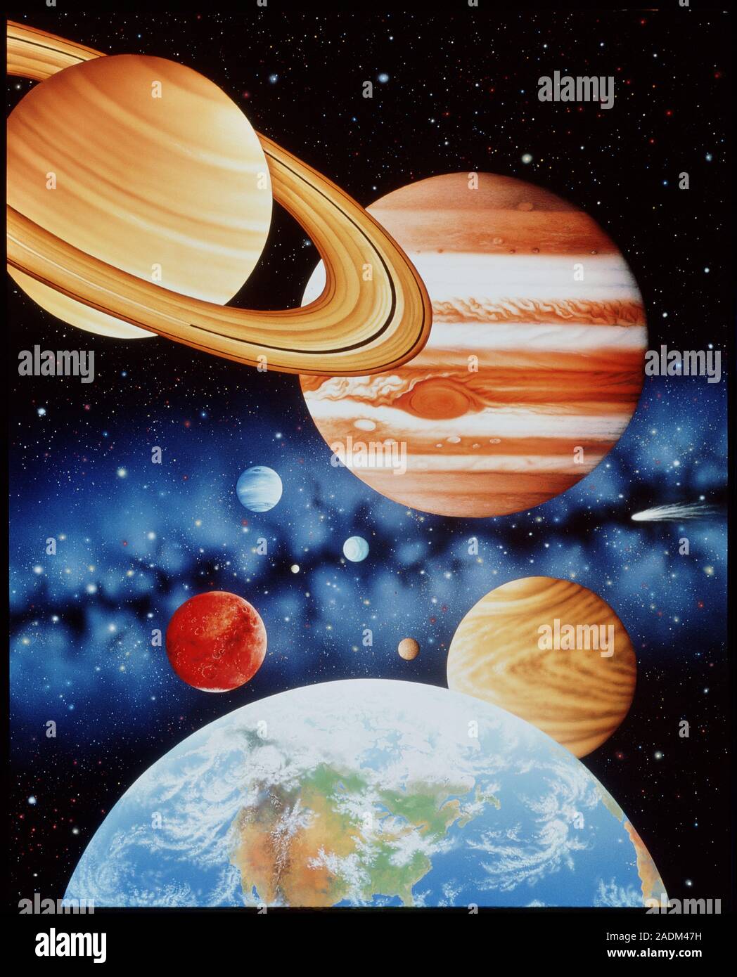 Solar system planets. Artwork showing the nine major planets of our ...