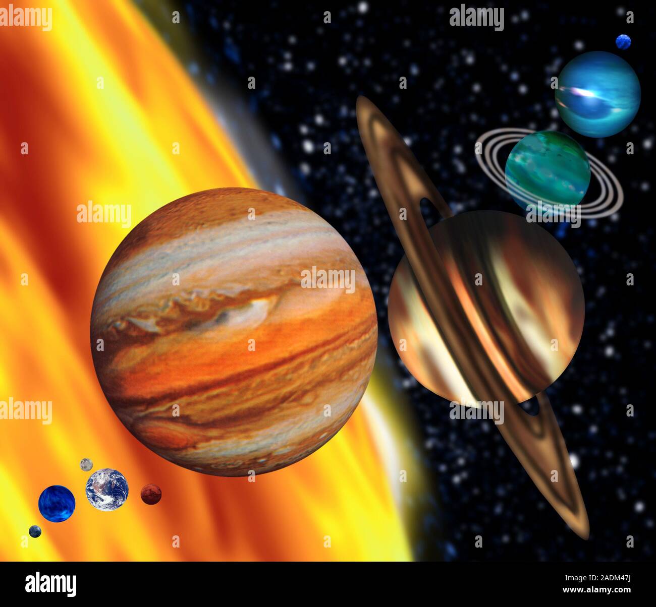 Solar system planets. Computer artwork comparing the sizes of the Sun and the planets of the ...