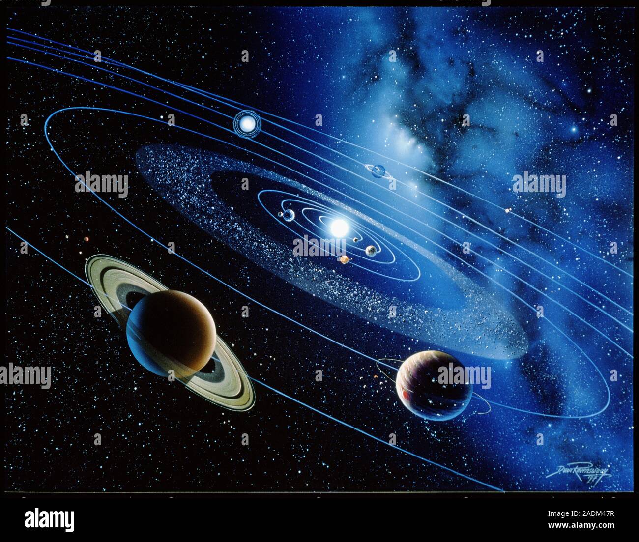 Solar system. Artwork of the solar system, showing the paths (blue ...