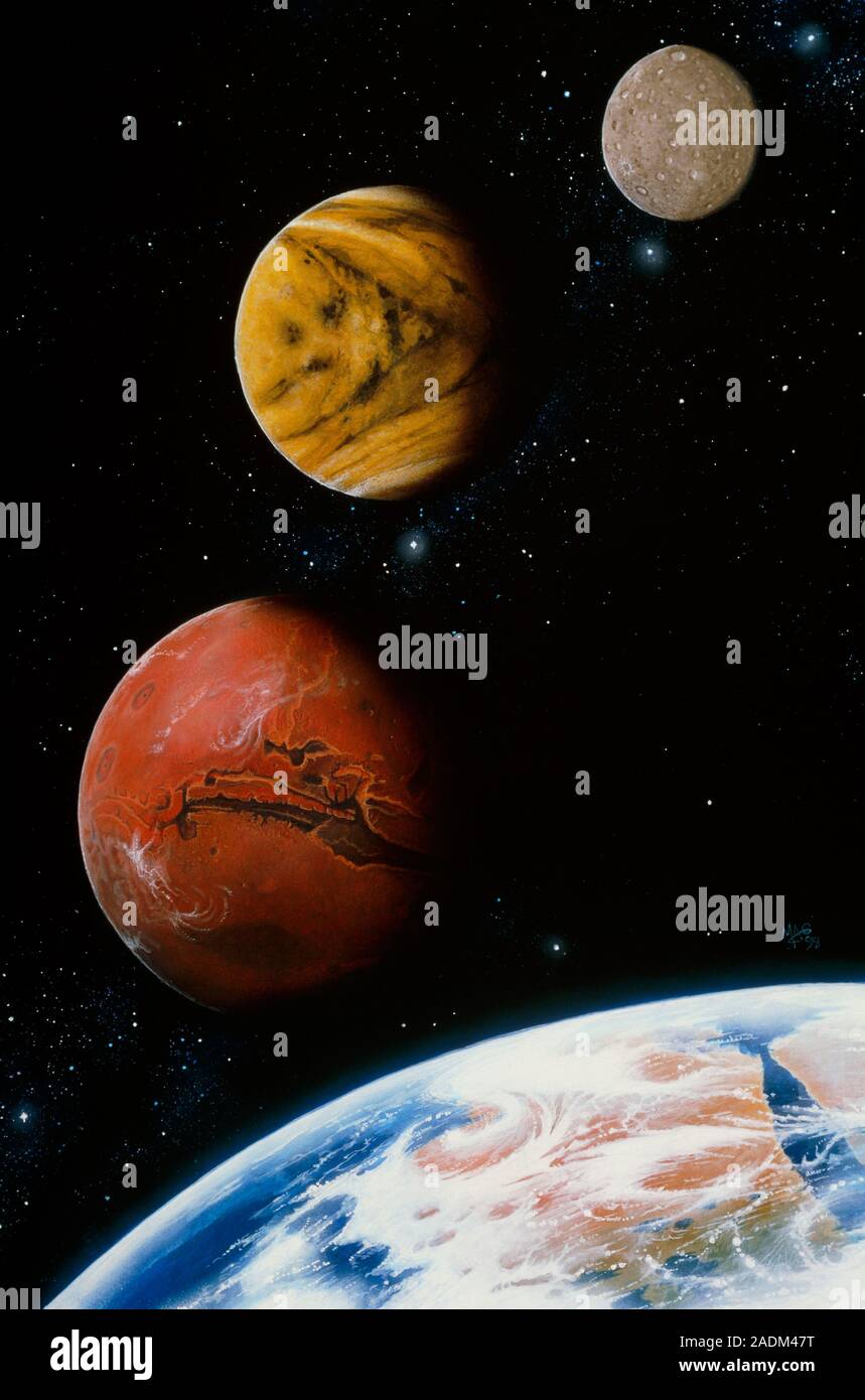 Terrestrial planets. Artwork showing the four terrestrial (rocky ...