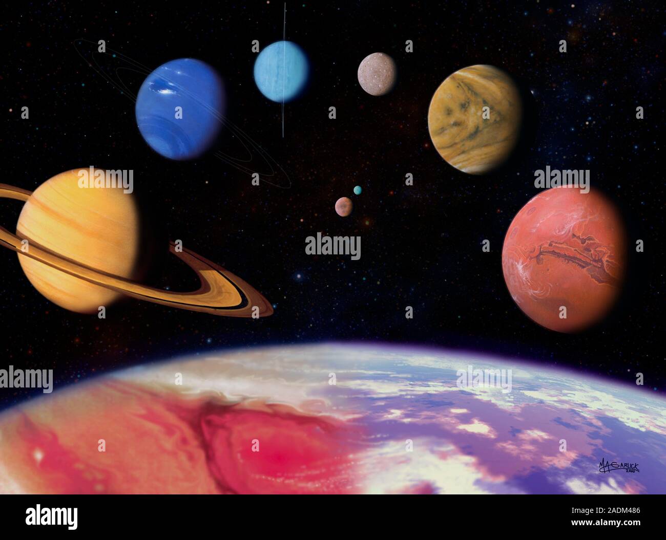 Solar system planets. Computer illustration showing the nine planets of ...