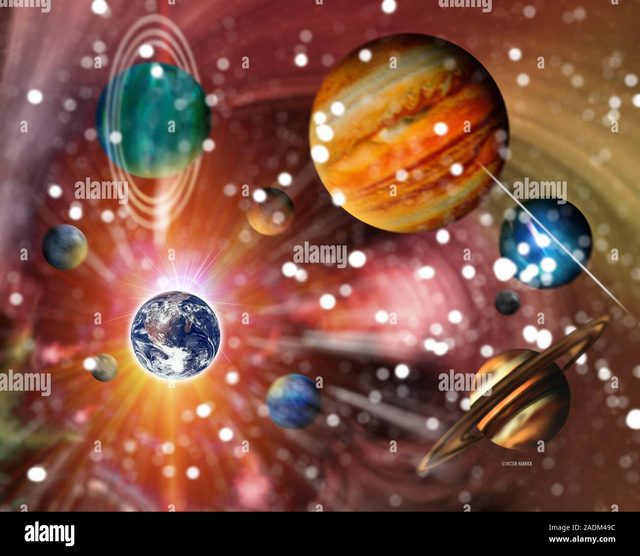 Solar system planets. Computer artwork of the nine planets of our solar system. Earth (lower ...