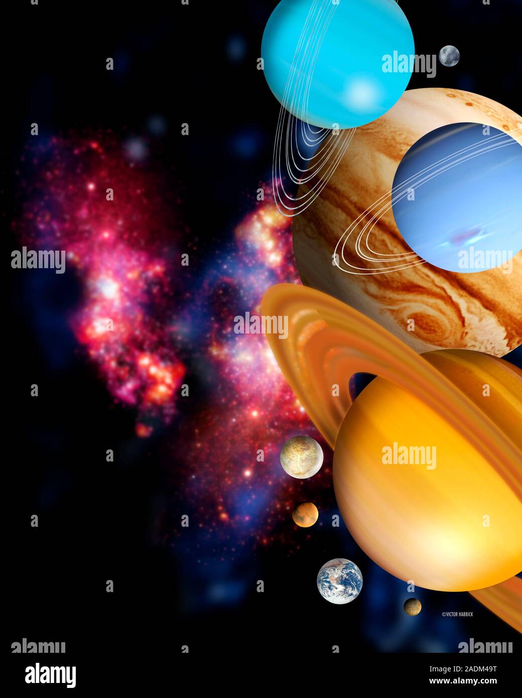 Solar system planets. Computer artwork of the nine planets of the solar system. The four small ...