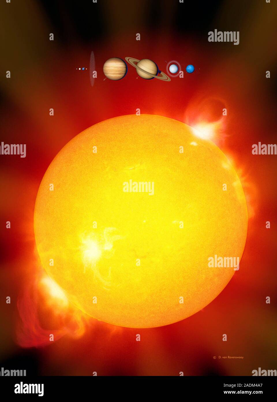 Sun and its planets. Artwork of the nine planets of the solar system ...
