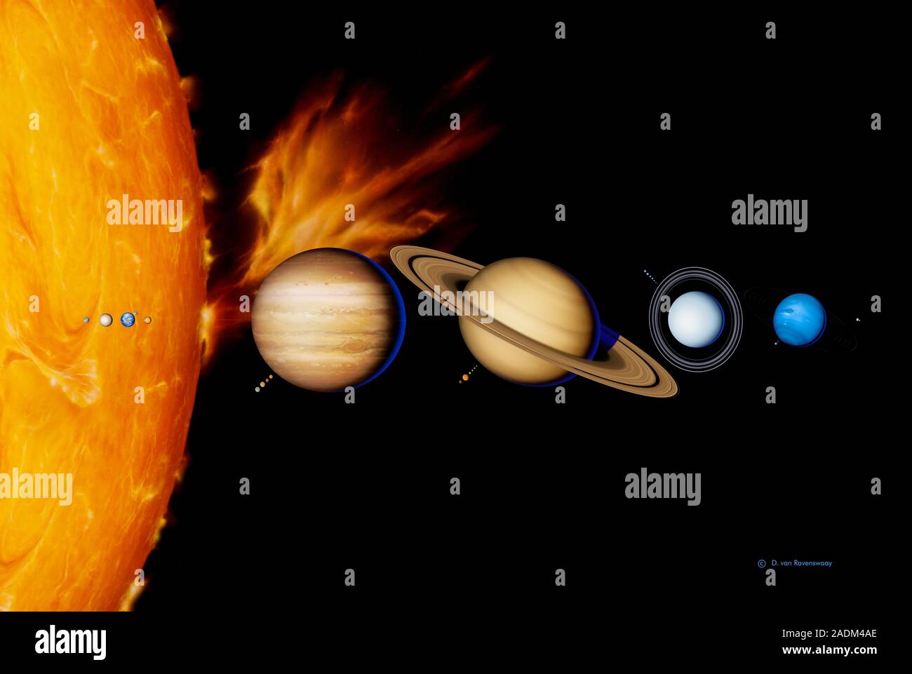 Sun and its planets. Artwork of the nine planets of the solar system ...