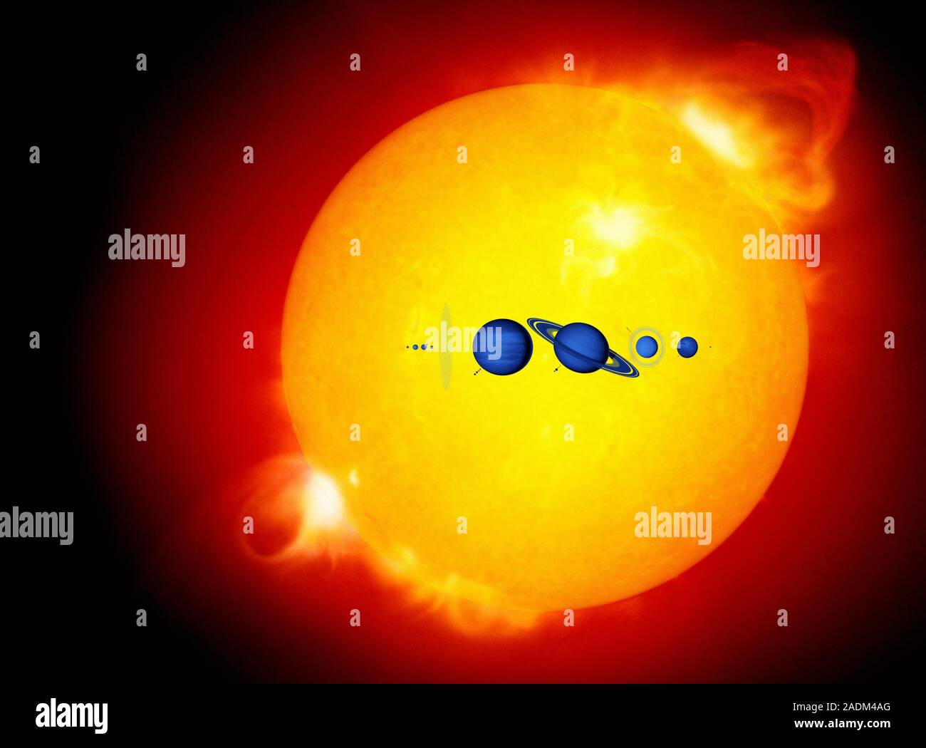 Sun and its planets. Artwork of the nine planets of the solar system ...