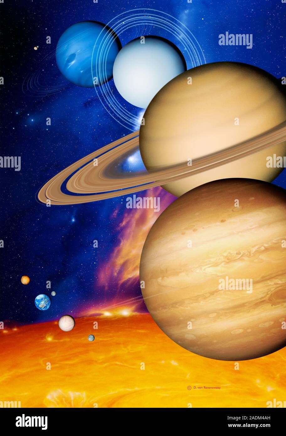 Sun and its planets. Artwork of the nine planets of the solar system ...