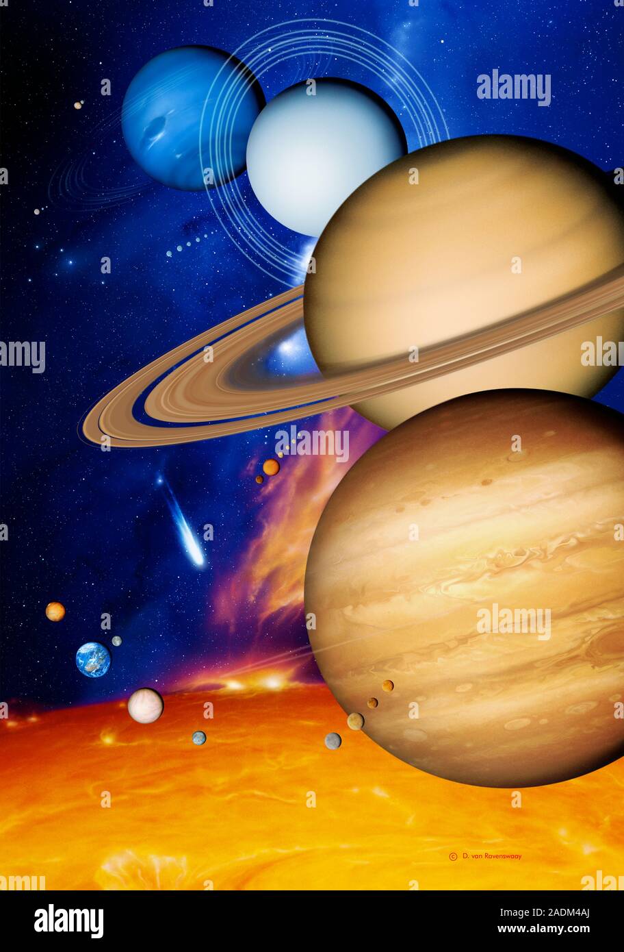 Sun and its planets. Artwork of the nine planets of the solar system ...