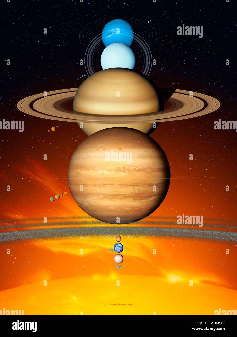 Sun and its planets. Artwork of the eight planets of the solar system ...