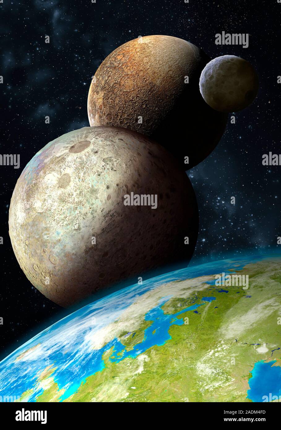 Dwarf planets. Computer artwork of three dwarf planets next to the ...