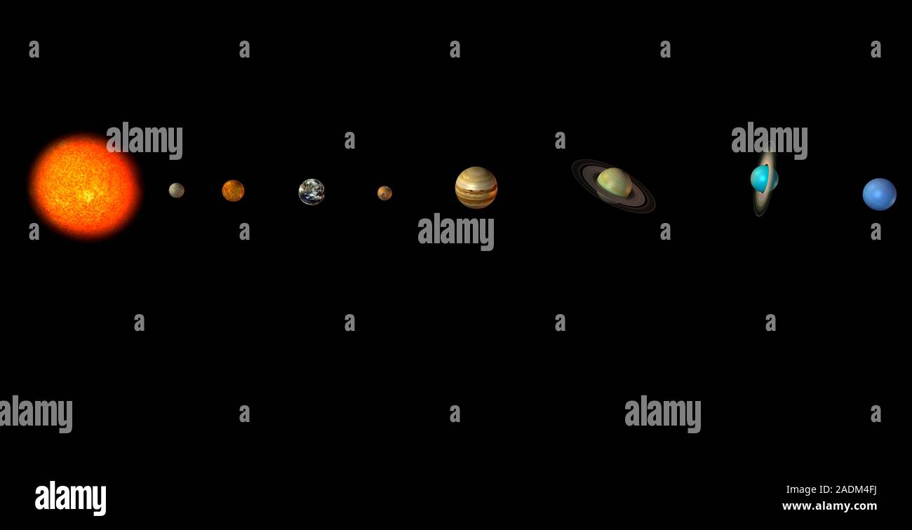 Solar system. Computer artwork of the Sun (left) and the eight planets ...